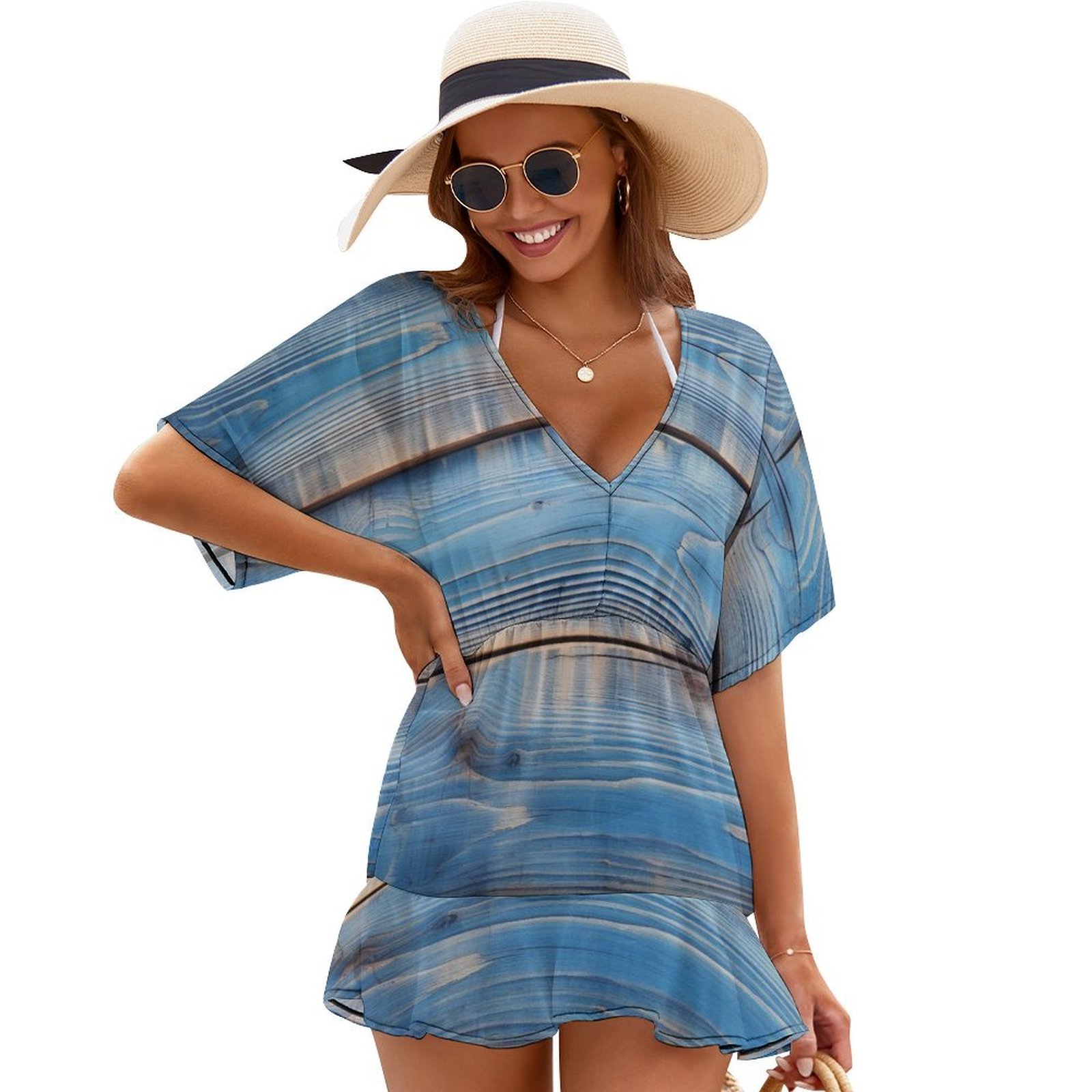 Blue Wood Grain Texture Beach Cover Ups Women V Neck Short Sleeve Dress ...