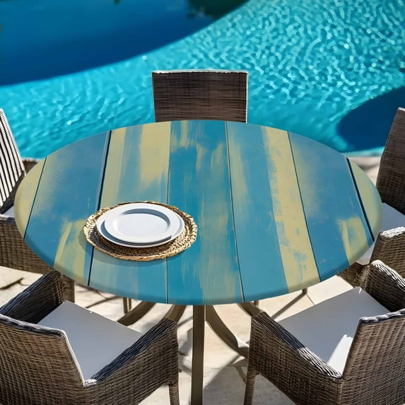 Blue Wood Grain Texture Round Fitted Tablecloth with Elastic Edge ...