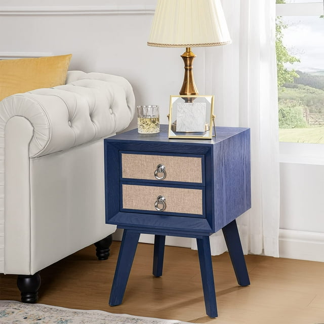 Blue Wood Nightstand w/Storage Drawers and Solid Wood Legs, Modern Tall ...