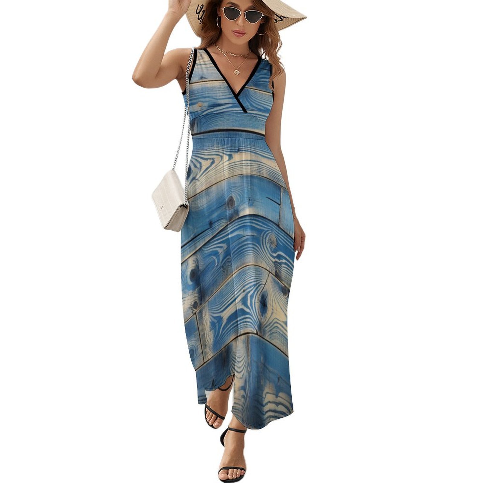 Blue Wood Plank Texture Dress Fashion Boho Beach Long Dresses Female ...