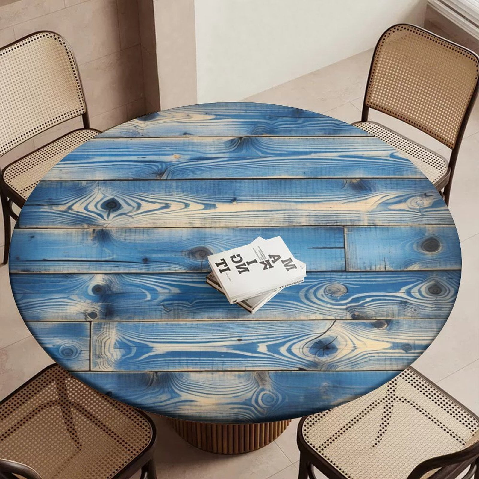 Blue Wood Plank Texture Round Table Cover Kitchen Printed Waterproof ...