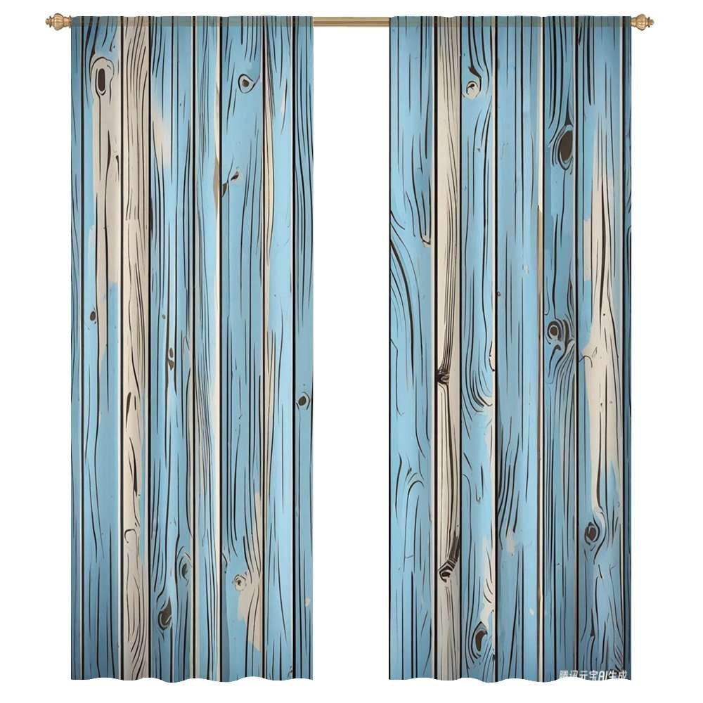 Blue Wood Plank Texture Tulle Curtains For Living Room Chiffon Sheer ...