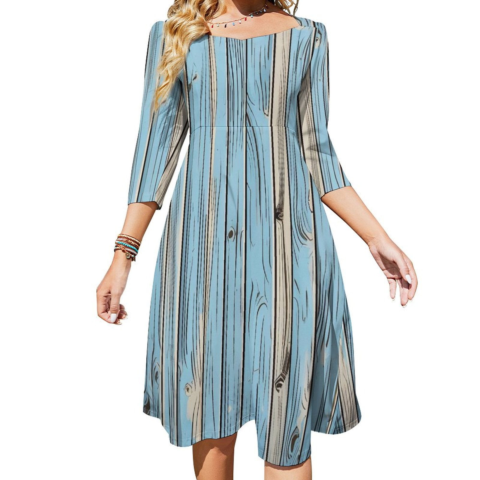 Blue Wood Plank Texture Women's 3/4 Sleeve Dresses Elegant A-Line Midi ...