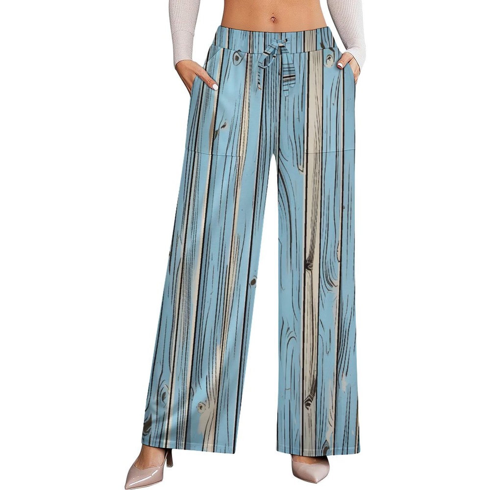 Blue Wood Plank Texture Women's Casual Wide Leg Pants Comfort Pockets ...