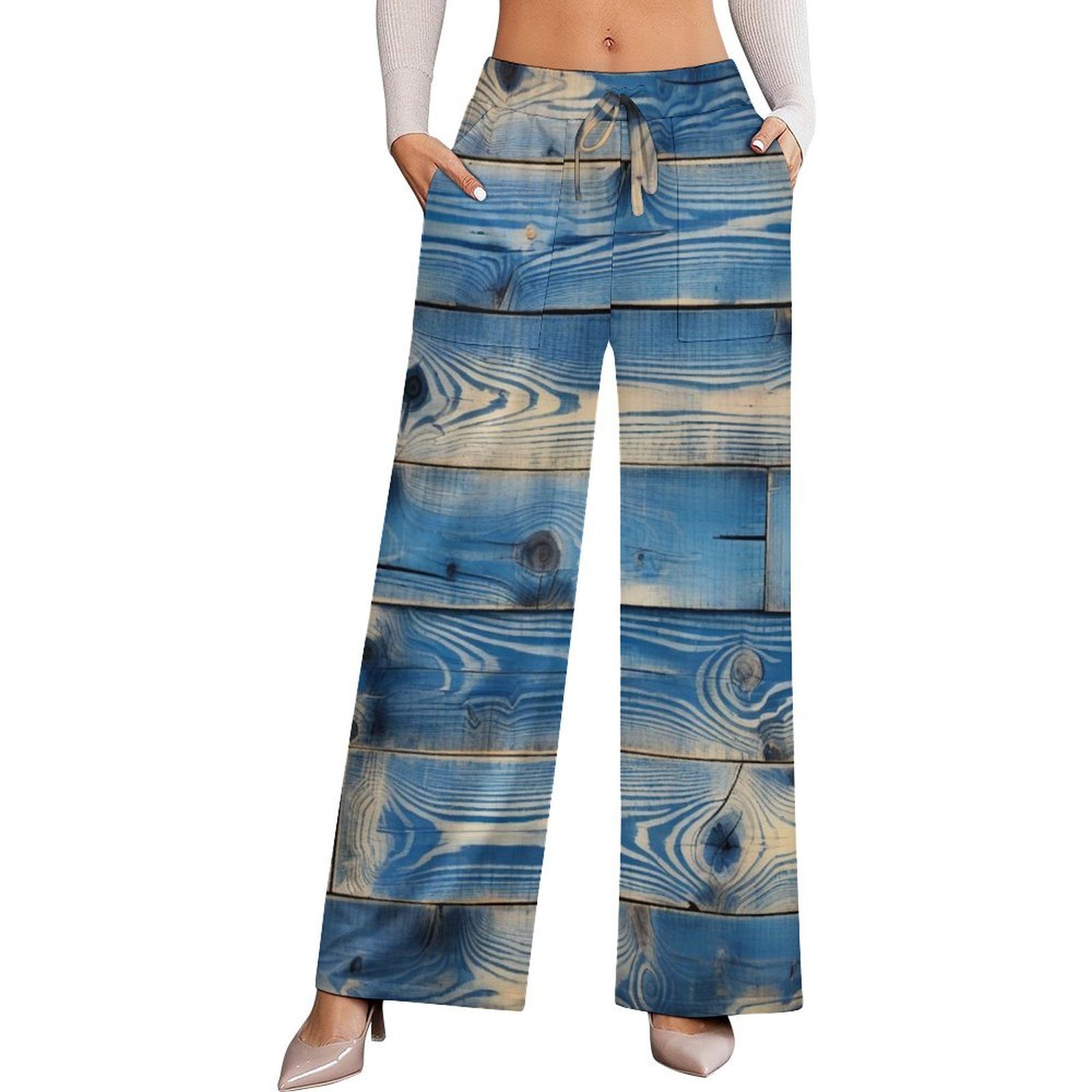 Blue Wood Plank Texture Women's Casual Wide Leg Pants Comfort Pockets ...