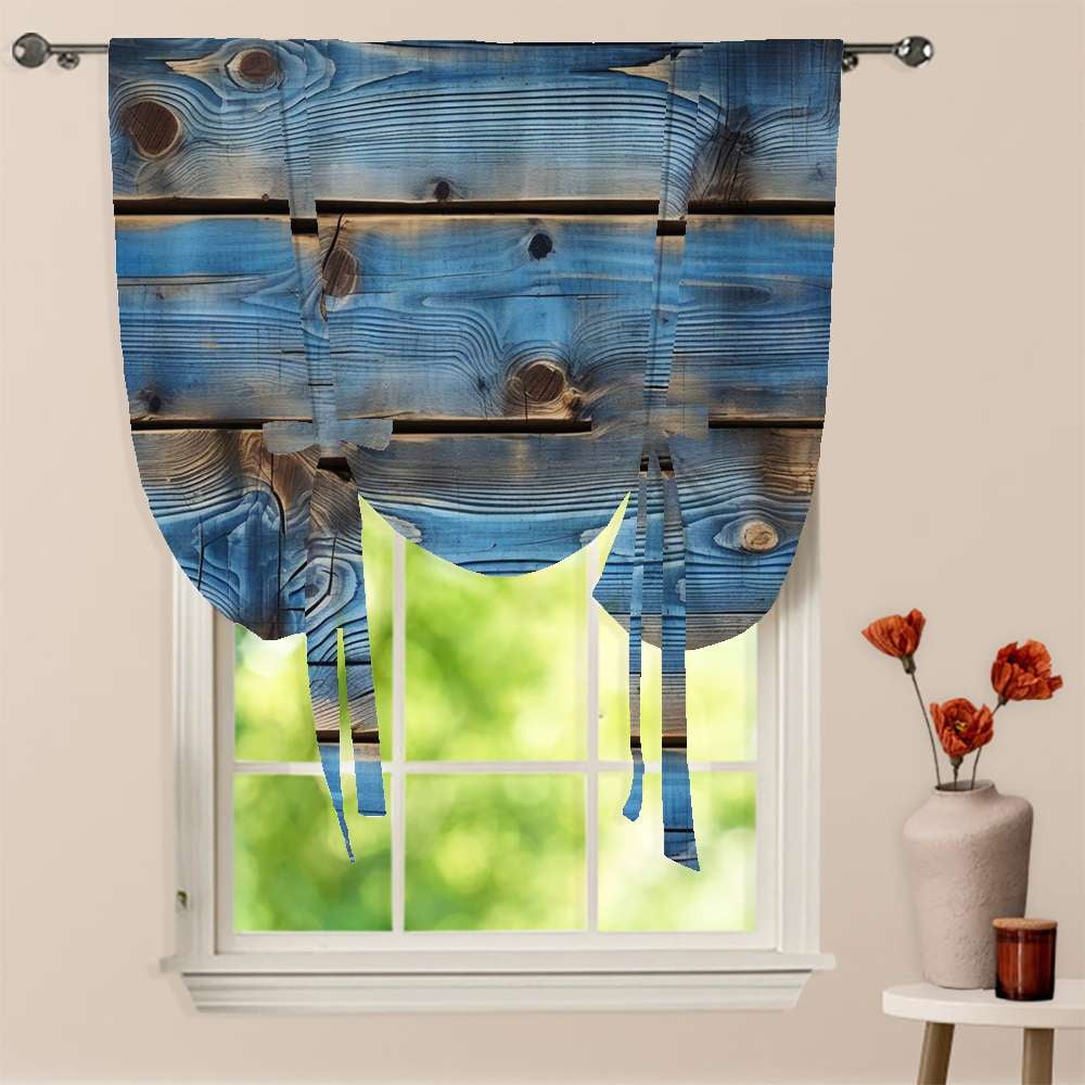 Blue Wood Planks Texture Window Curtain for Living Room Roman Curtain Kitchen Tie-up Curtains ...