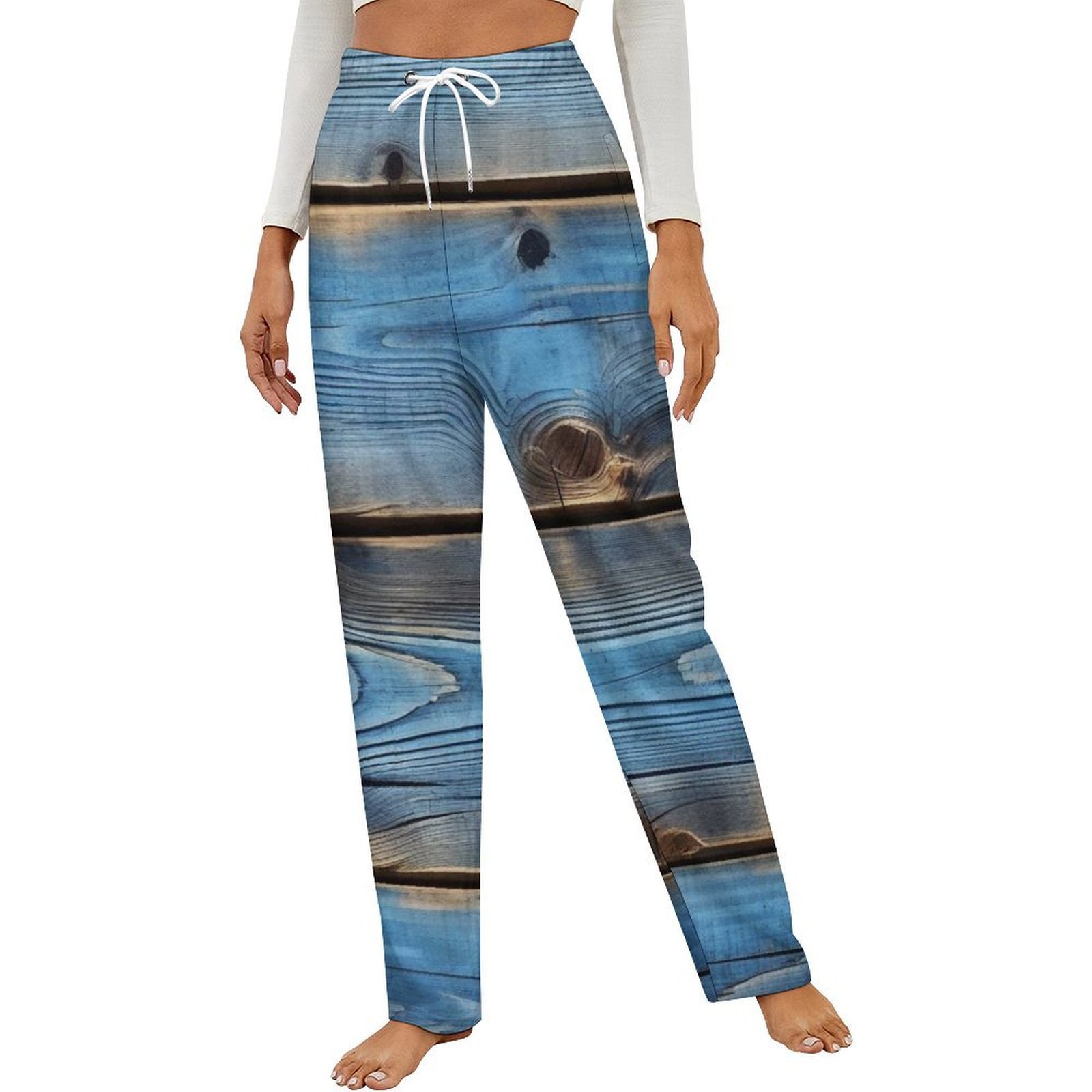 Blue Wood Planks Texture Winter Female Pants Flannel High Waist Women ...