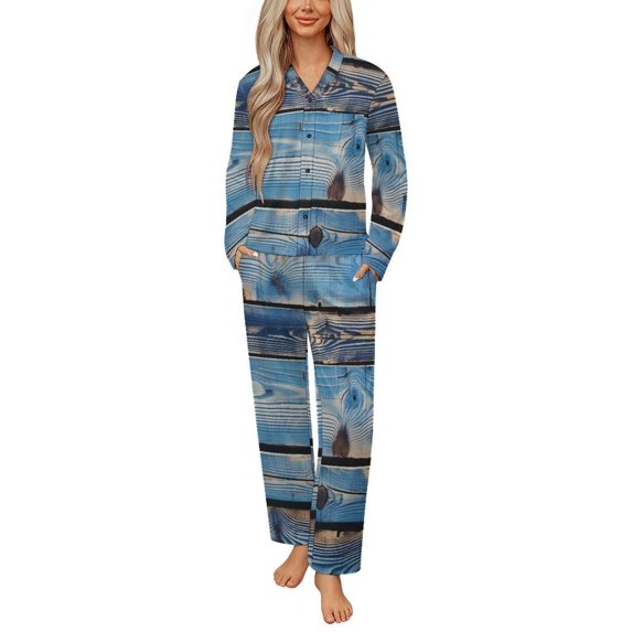 Blue Wood Planks Texture Womens Pyjamas Set Button Up Pyjamas Womens ...