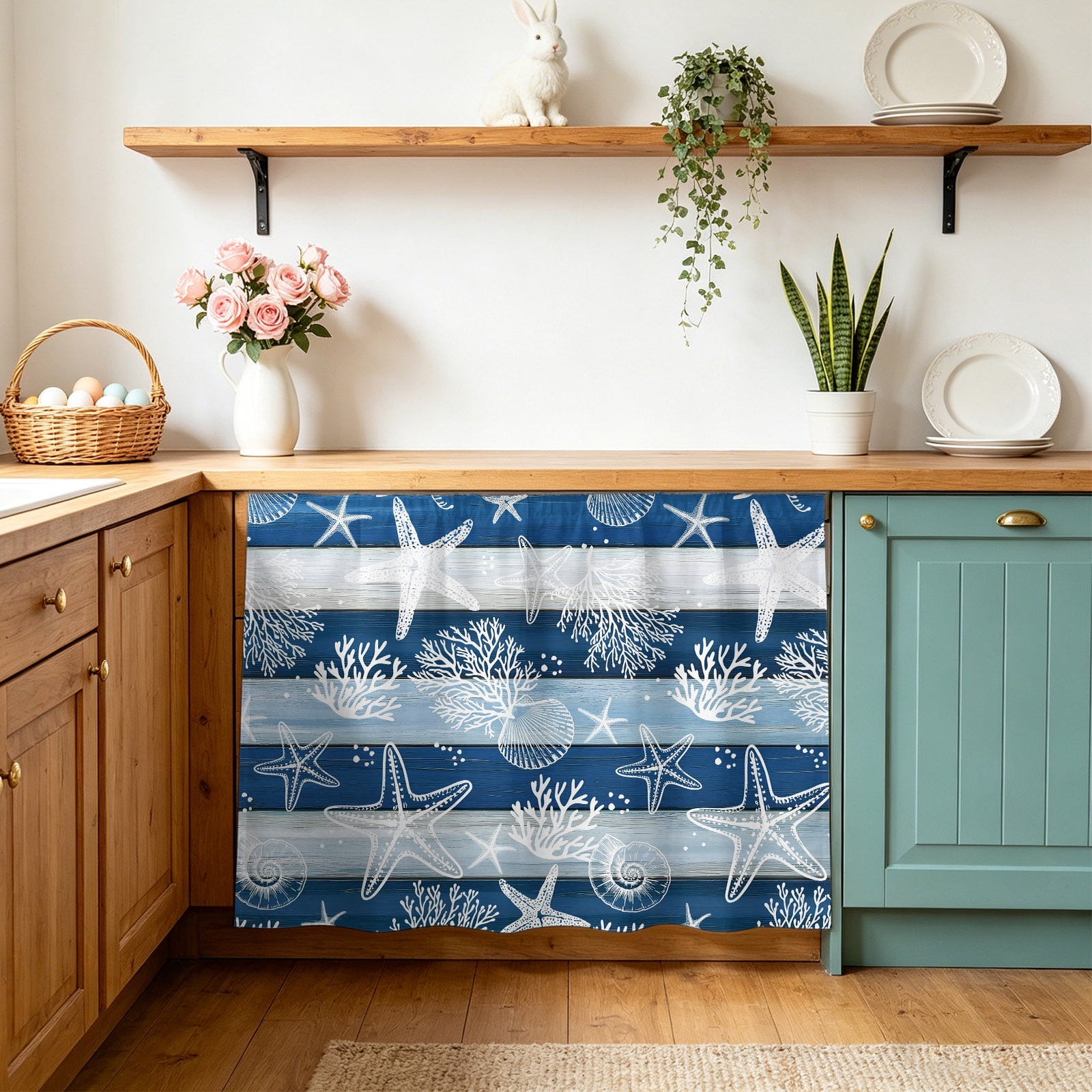 Blue Wood Striped Cabinet Curtains 10" W x 11" L Nautical Starfish ...