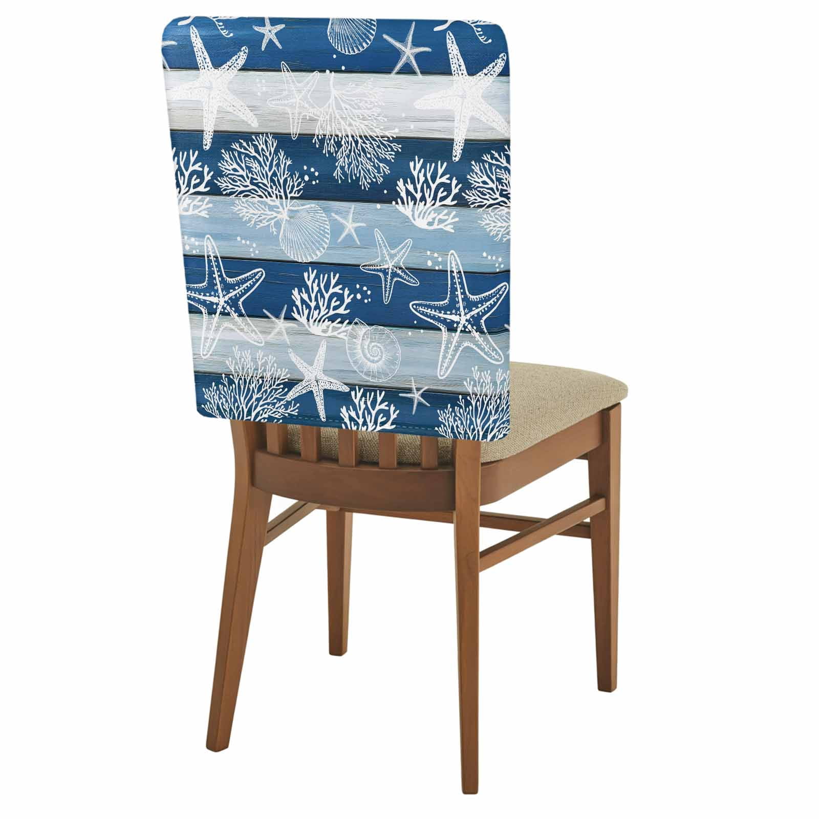 Blue Wood Striped Chair Covers Set of 4 Nautical Starfish Coral Shell ...