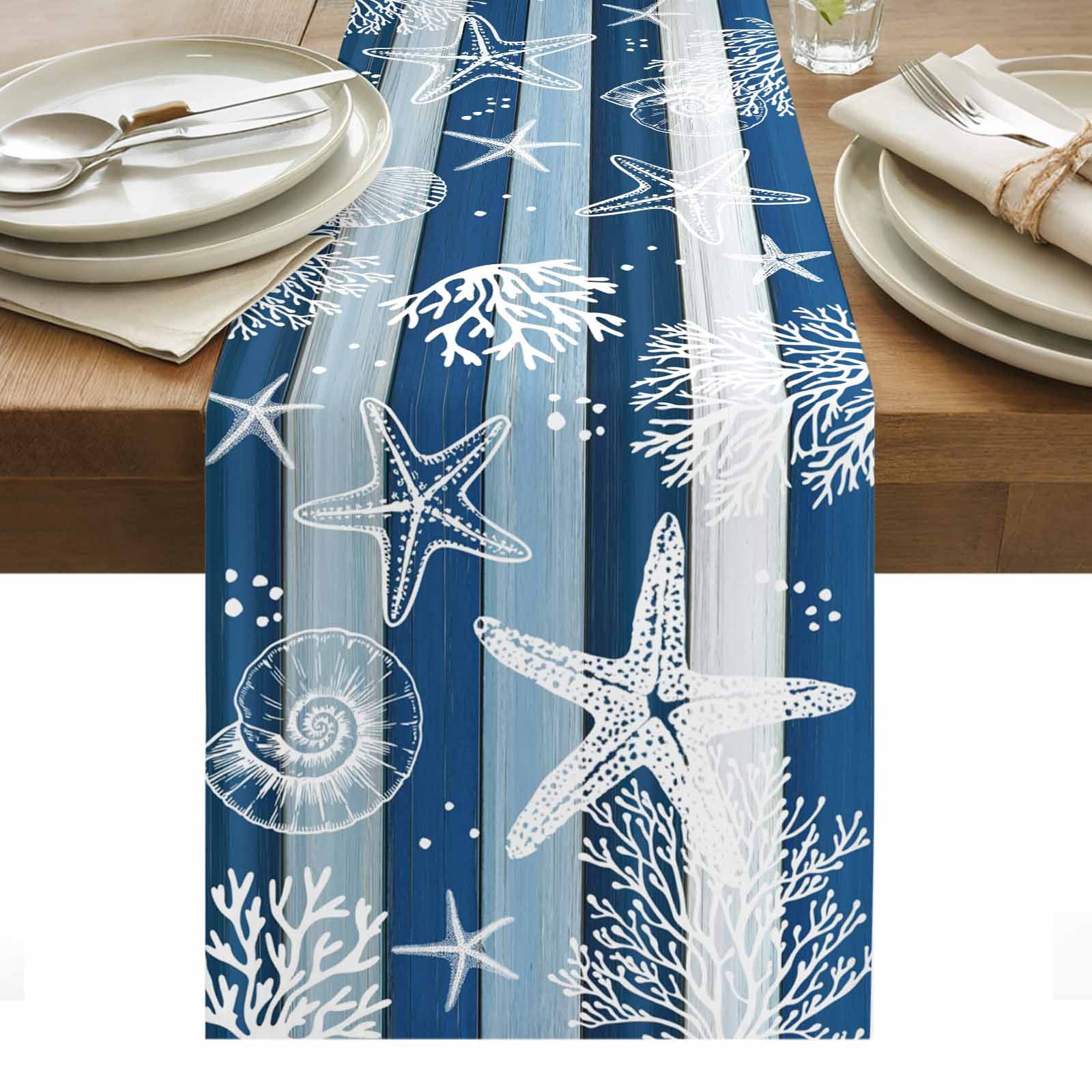 Blue Wood Striped Cotton Linen Table Runner Nautical Starfish Coral ...