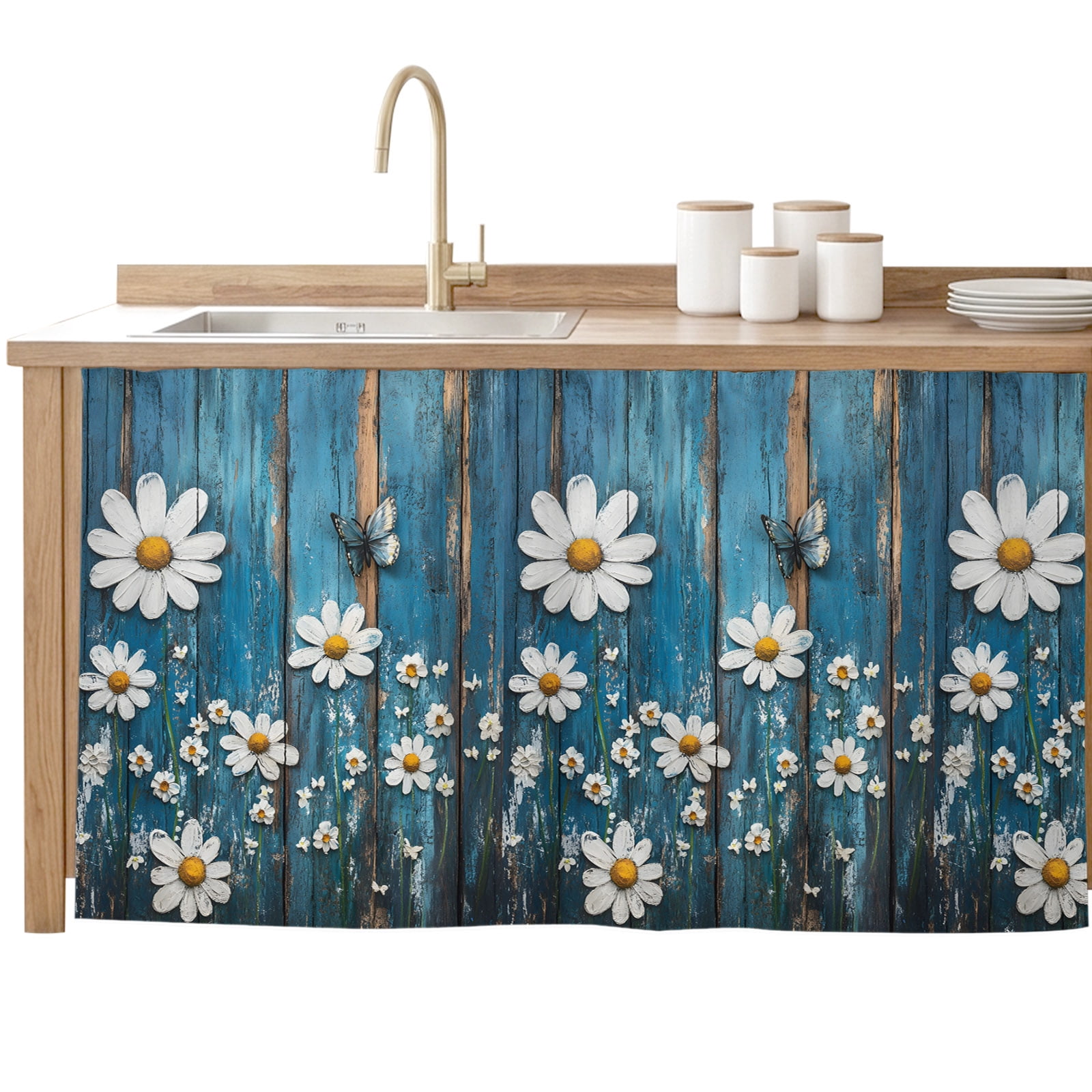 Blue Wooden Daisy Cabinet Curtains 32"W x 55"L,Dustproof Sink Skirt ...