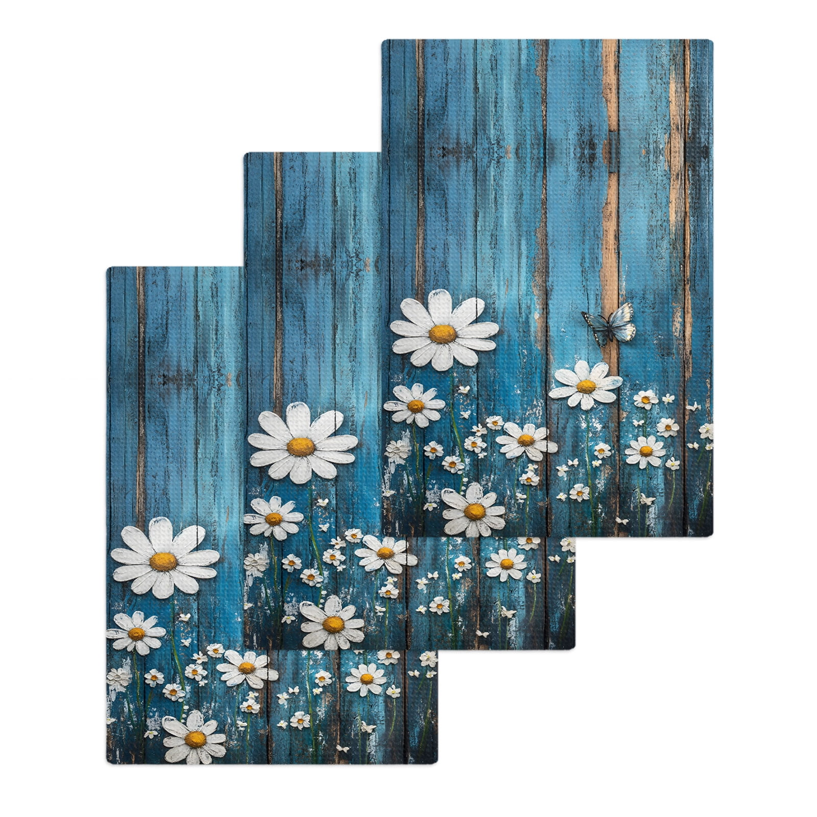 Blue Wooden Daisy Kitchen Dish Towels for Drying Dishes Set of 3 ...