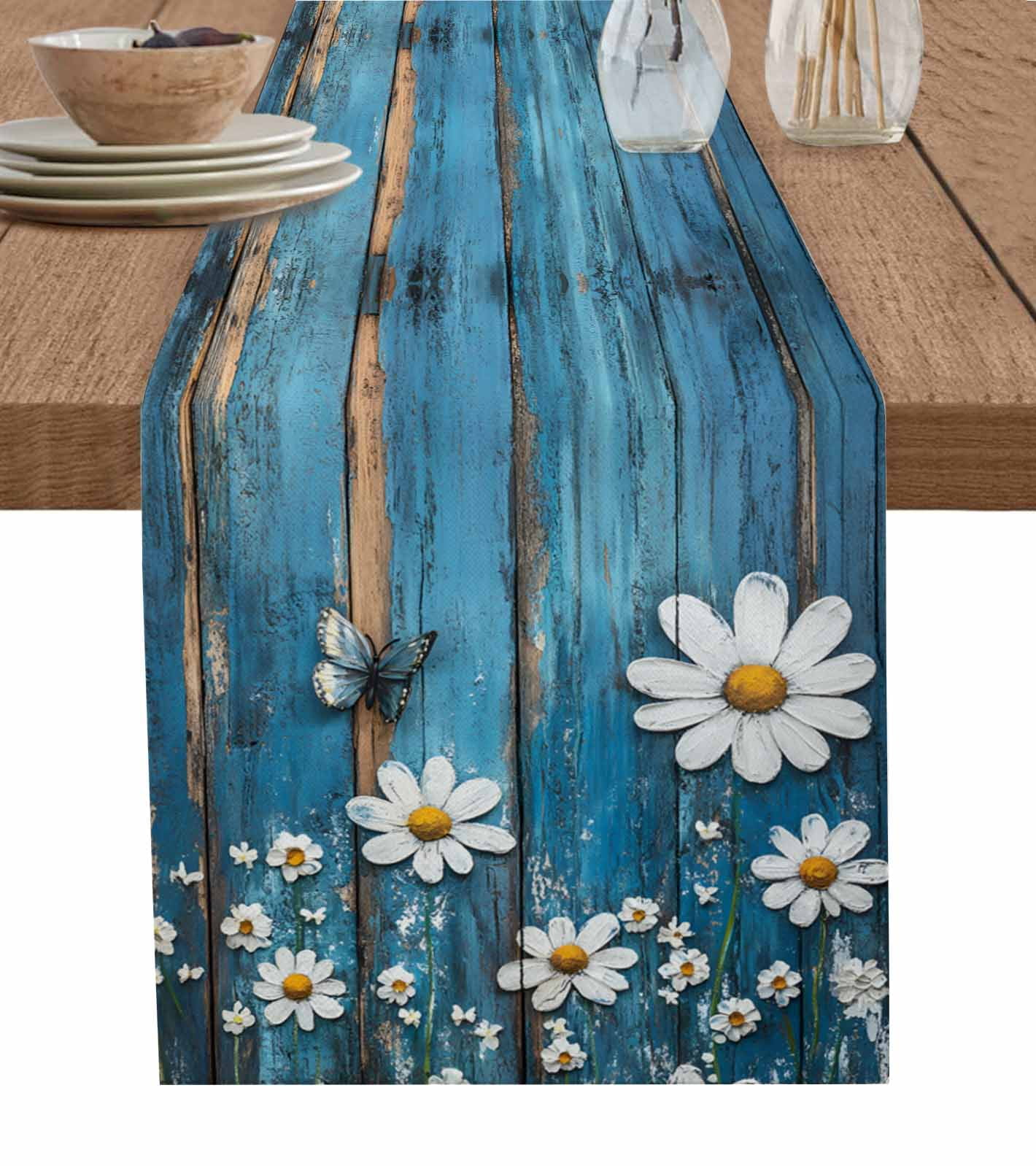 Blue Wooden Daisy Table Runner 108 Inches, Vintage Farmhouse Butterfly ...