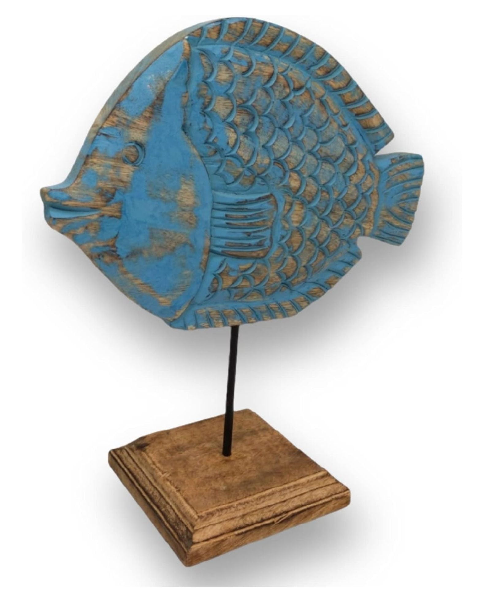 Blue Wooden Fish Sculpture | Handmade Statue on Base Stand Sea Nautical ...