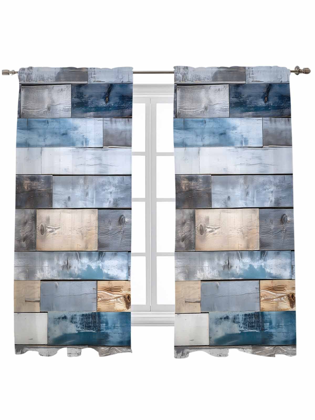 Blue Wooden Grain Curtains 63 Inch Length, Sheer Curtains for Bedroom ...