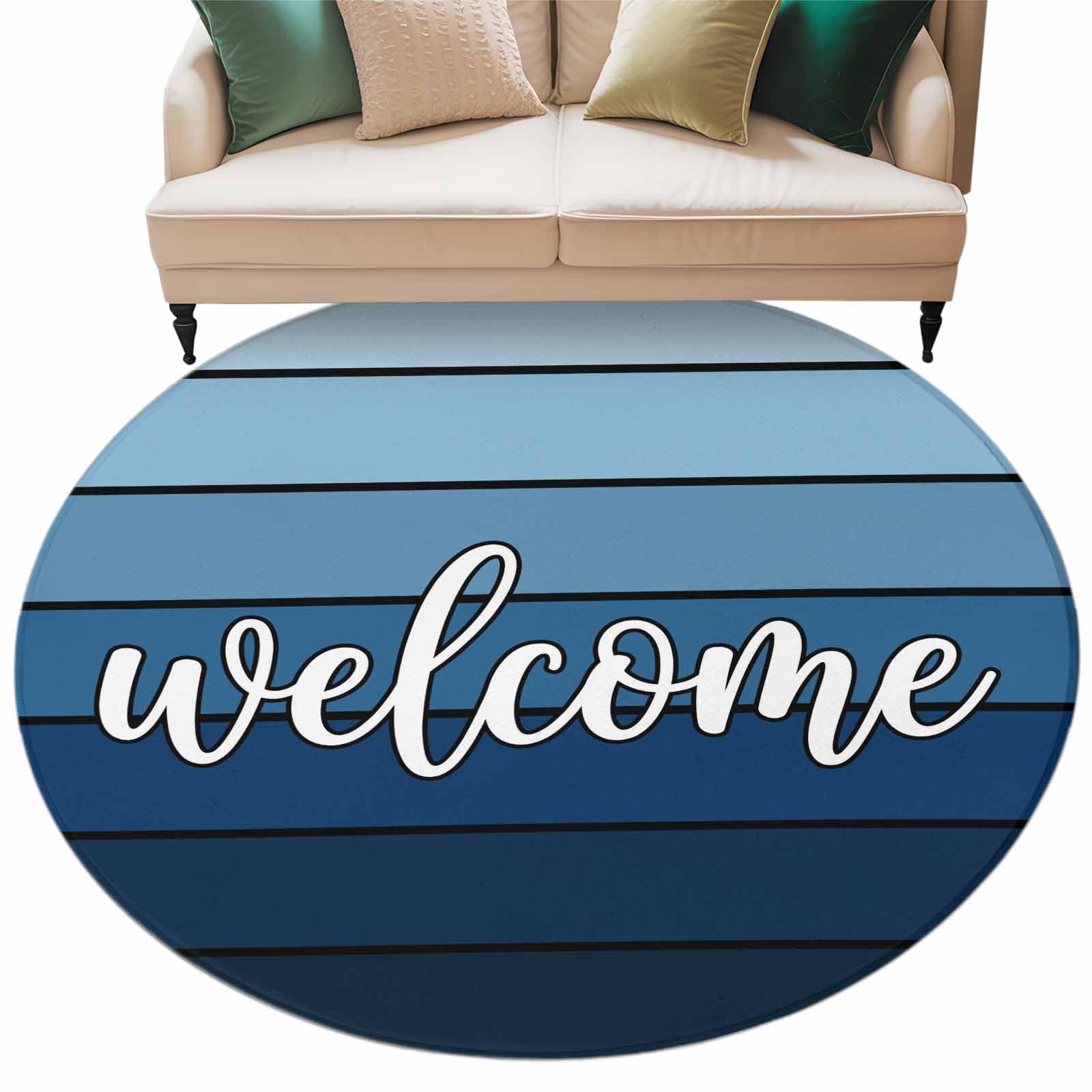 Blue Wooden Grain Round Rug 6ft Washable Circle Kitchen Rugs Non Slip ...
