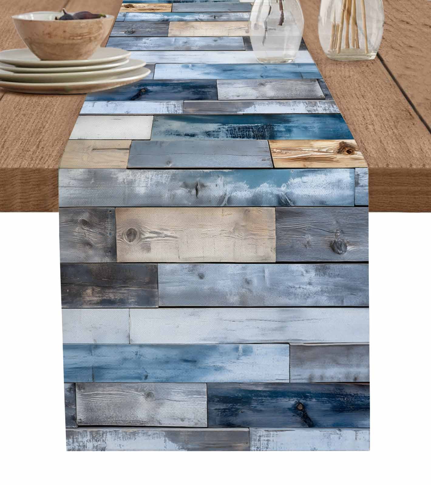Blue Wooden Grain Table Runner 120 Inches, Farmhouse Country Abstract ...