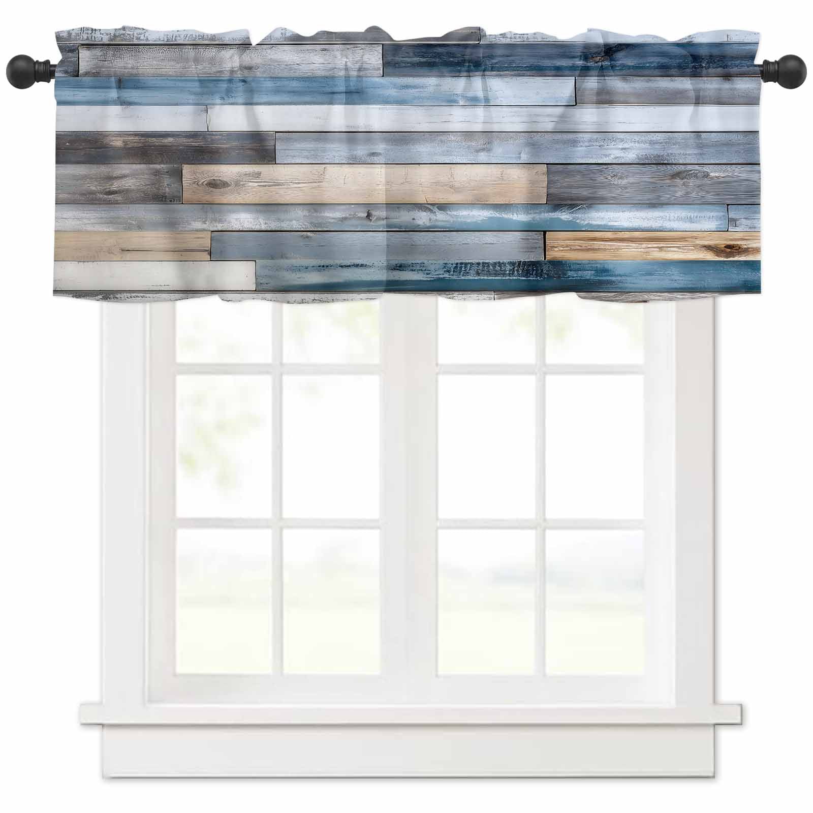 Blue Wooden Grain Valances for Windows Farmhouse Kitchen Curtains ...