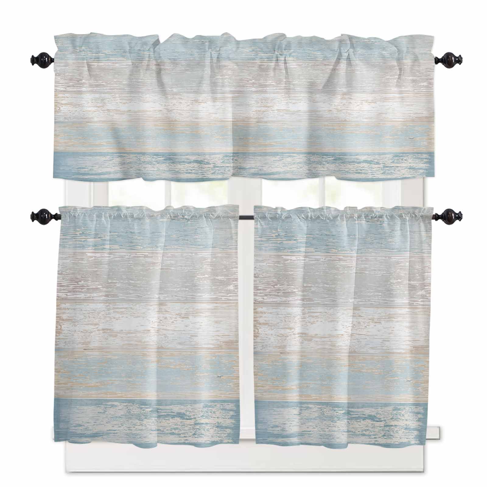 Blue Wooden Kitchen Curtains Set for Windows 3 Pieces,24 Inch Length Tier and Valance,Vintage ...