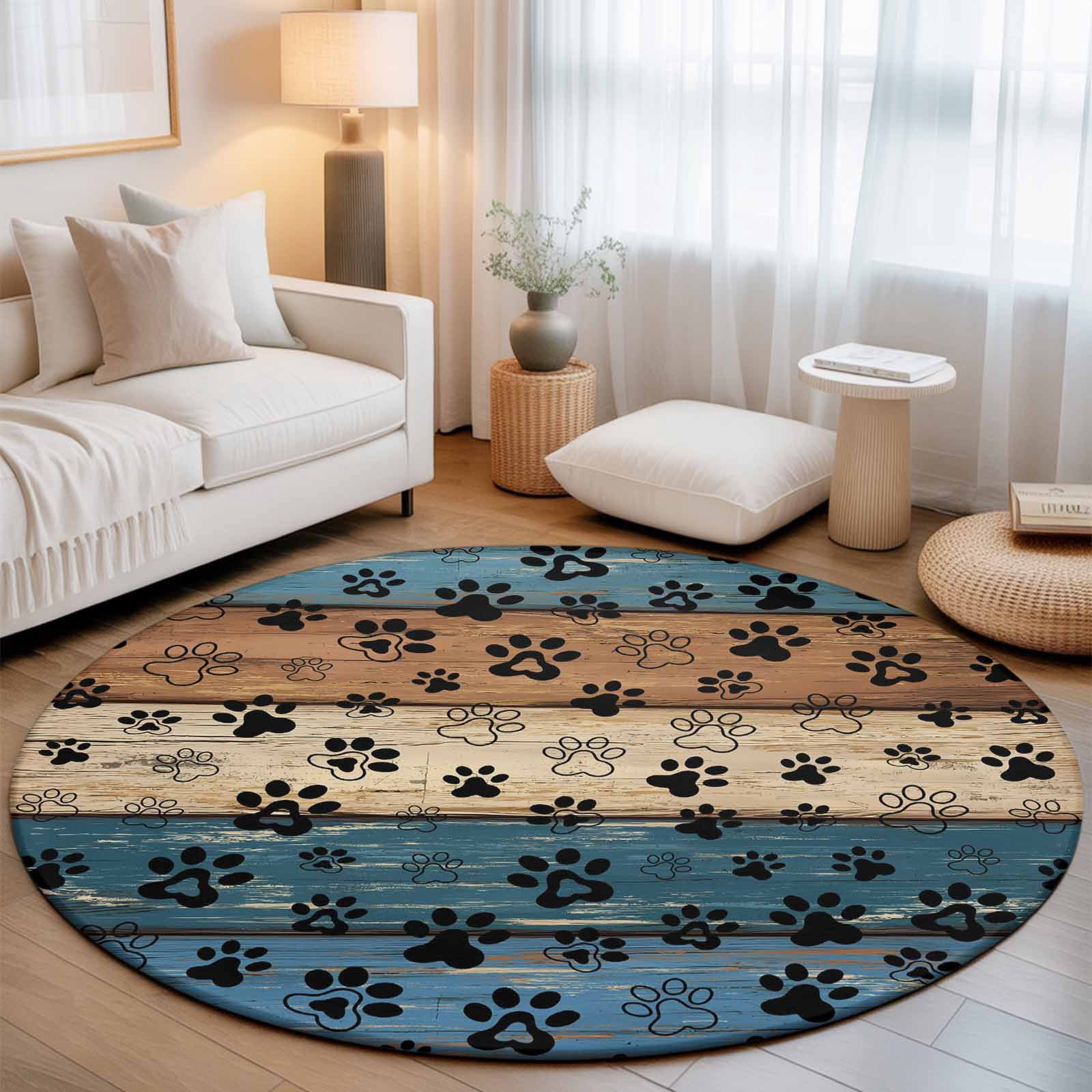Blue Wooden Plank Dog Paw Round Rug 5ft Vintage Rustic Wood Board ...