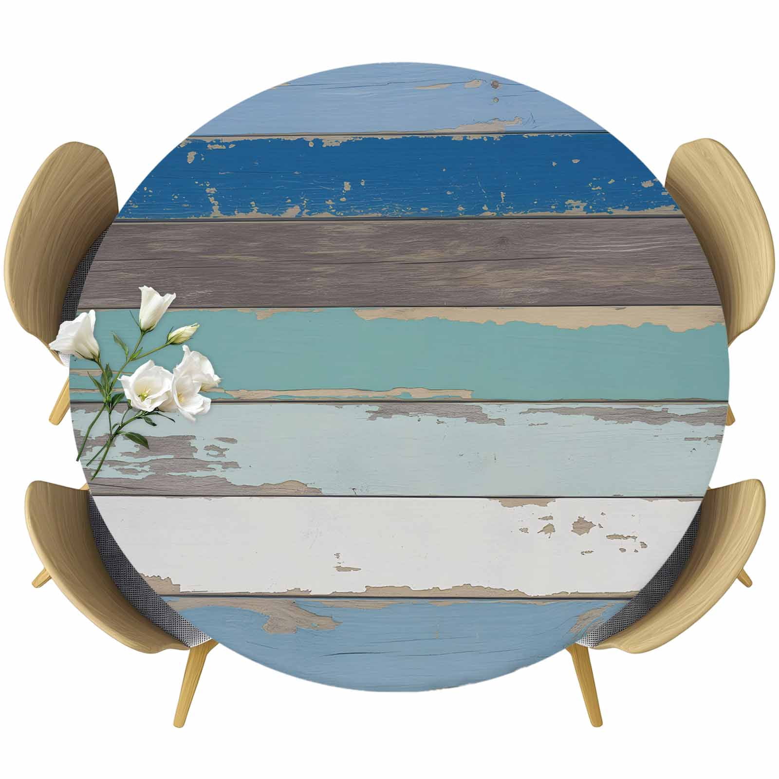 Blue Wooden Plank Round Tablecloth, Fitted Table Cover with Elastic for ...