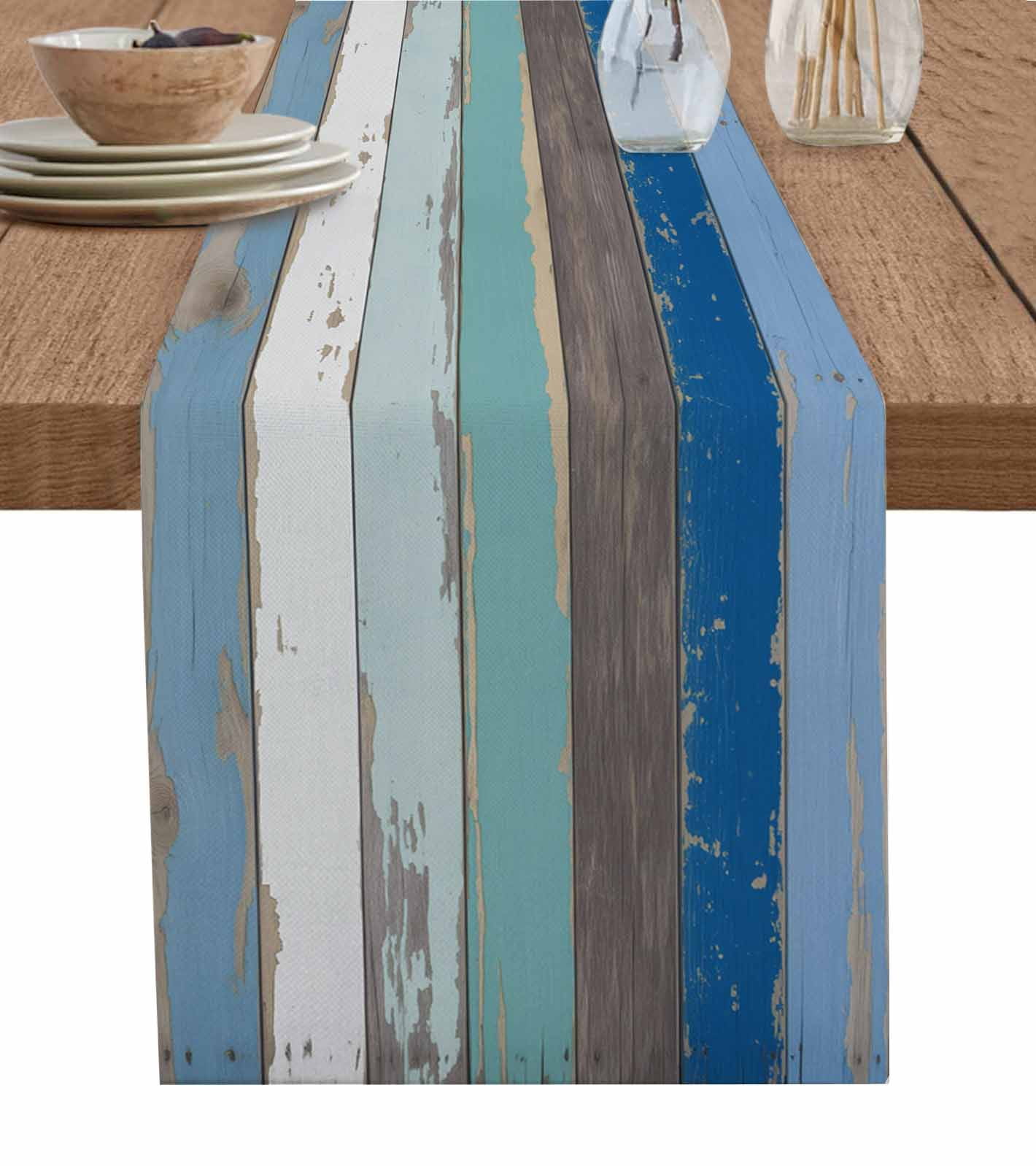 Blue Wooden Plank Table Runner 72 Inches, Retro Farmhouse Horizontal ...