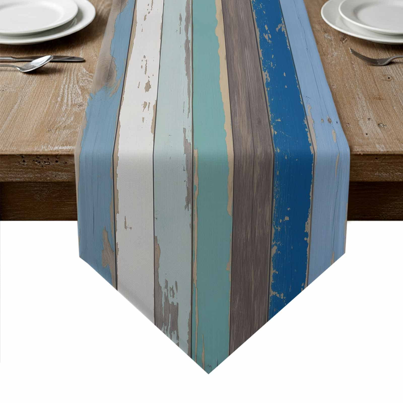 Blue Wooden Plank Table Runner Linen Burlap Table Runner 70 Inches Long ...