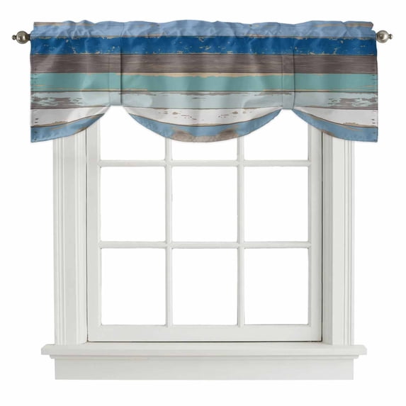 Blue Wooden Plank Tie Up Valance Curtains for Windows, Kitchen Curtains ...