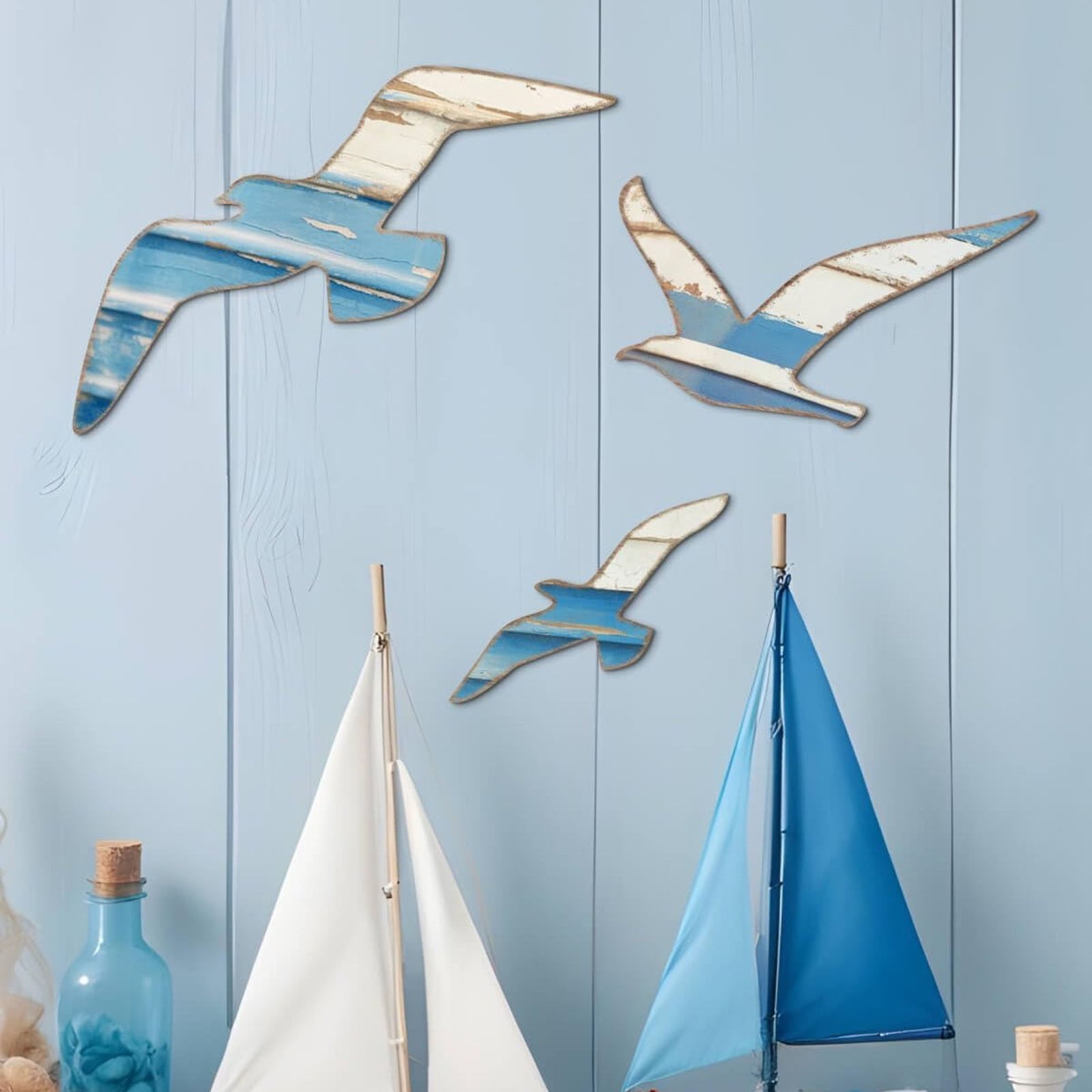 Blue Wooden Seagull Decoration Marine Wall Art, Set of Seagull Beach ...