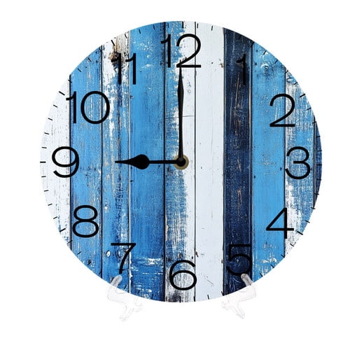 Blue Wooden Wall Clock Battery Operated Rustic Farmhouse Round Clock ...