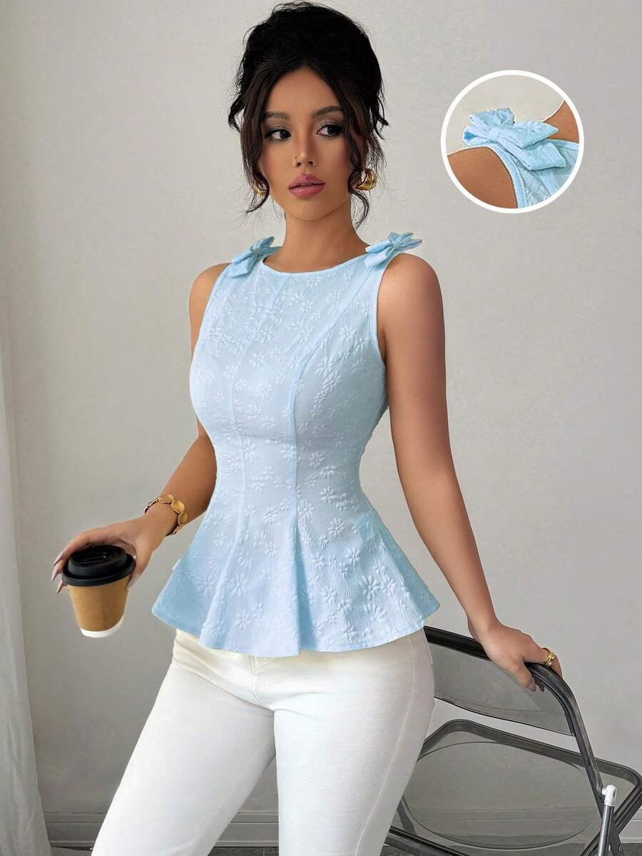 Blue Woven Floral Textured Peplum Top With Bowknot Shoulder Detail And ...