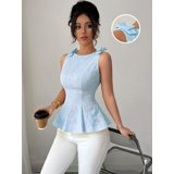 Blue Woven Floral Textured Peplum Top With Bowknot Shoulder Detail And ...