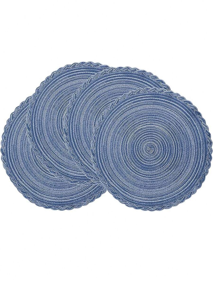 Blue Woven Round Placemats Set - Heat Resistant, Non-Slip, Washable ...