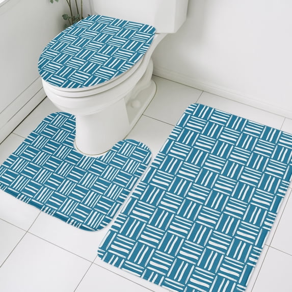 Blue Woven Texture Bathroom Rugs Set Modern Minimalist Navy Blue Grid ...
