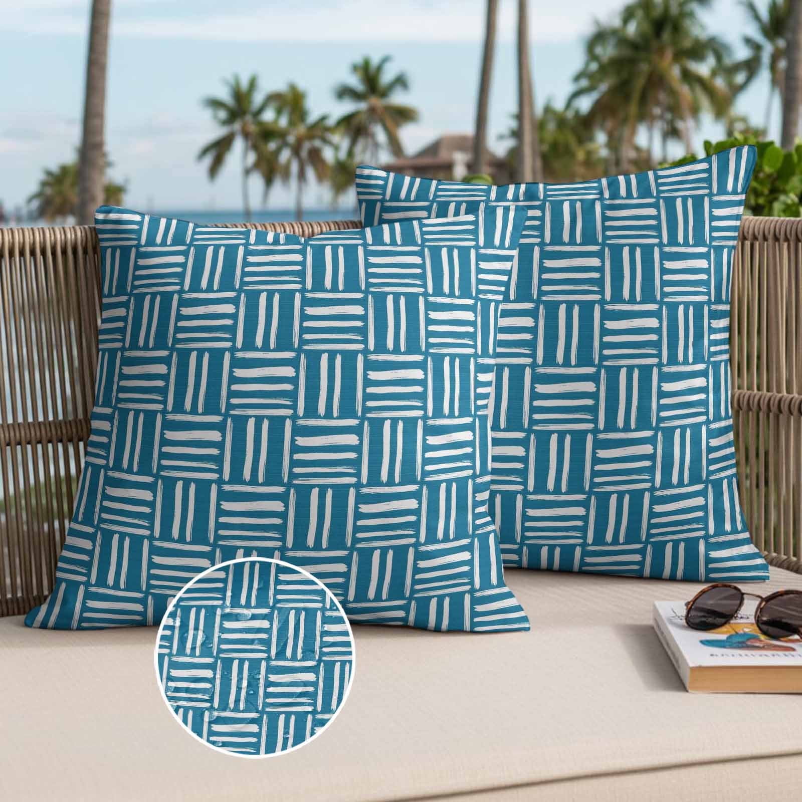 Blue Woven Texture Outdoor Waterproof Throw Pillow Covers Set of 2, 18 ...