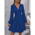 Blue Wrap Dress With V-Neck, Lantern Sleeves And Pleated Waist ...
