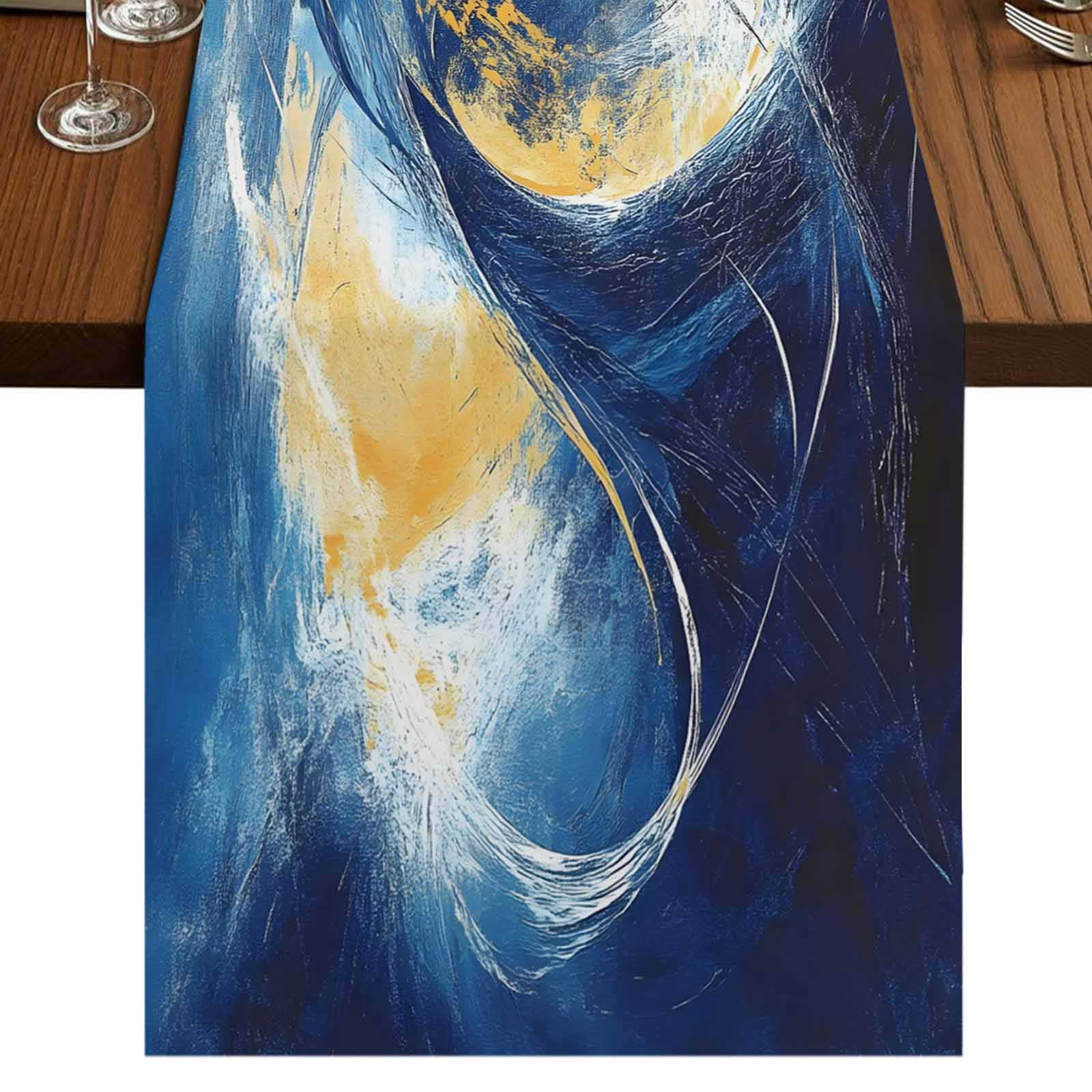 Blue Yellow Abstract 60 Inch Table Runner, Modern Oil Painting Art ...