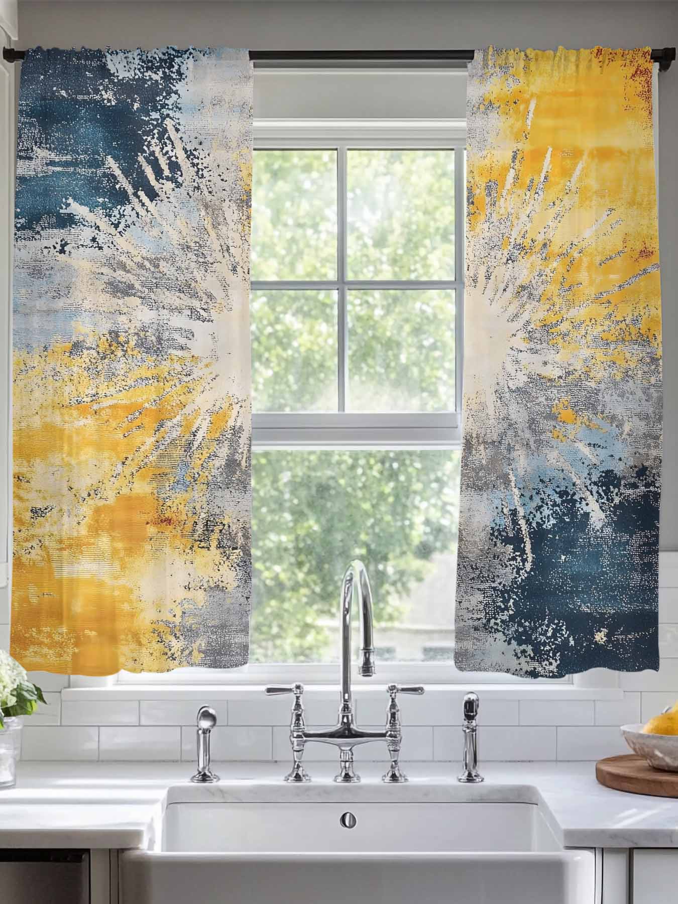 Blue Yellow Abstract Art Sheer Curtains for Living Room Bedroom Modern ...