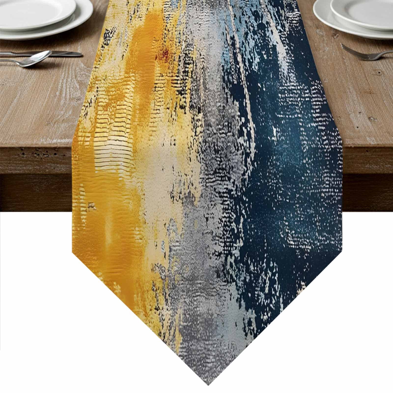 Blue Yellow Abstract Art Table Runner Linen Burlap Table Runner 48 ...
