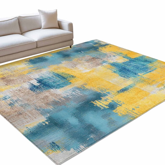 Blue Yellow Abstract Oil Painting Area Rugs 2.7x5ft Graffiti Modern Art ...