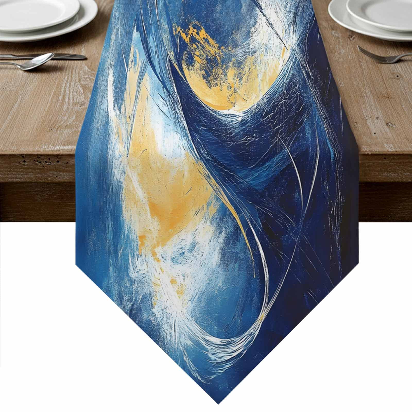 Blue Yellow Abstract Table Runner Linen Burlap Table Runner 120 Inches ...