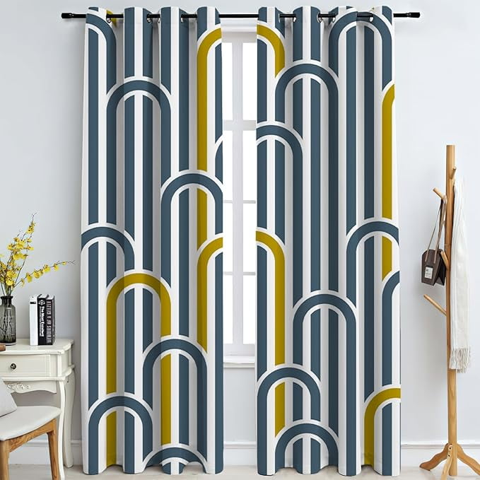 Blue Yellow Arched Stripes Blackout Curtains, Abstract Bohemian Twisted ...