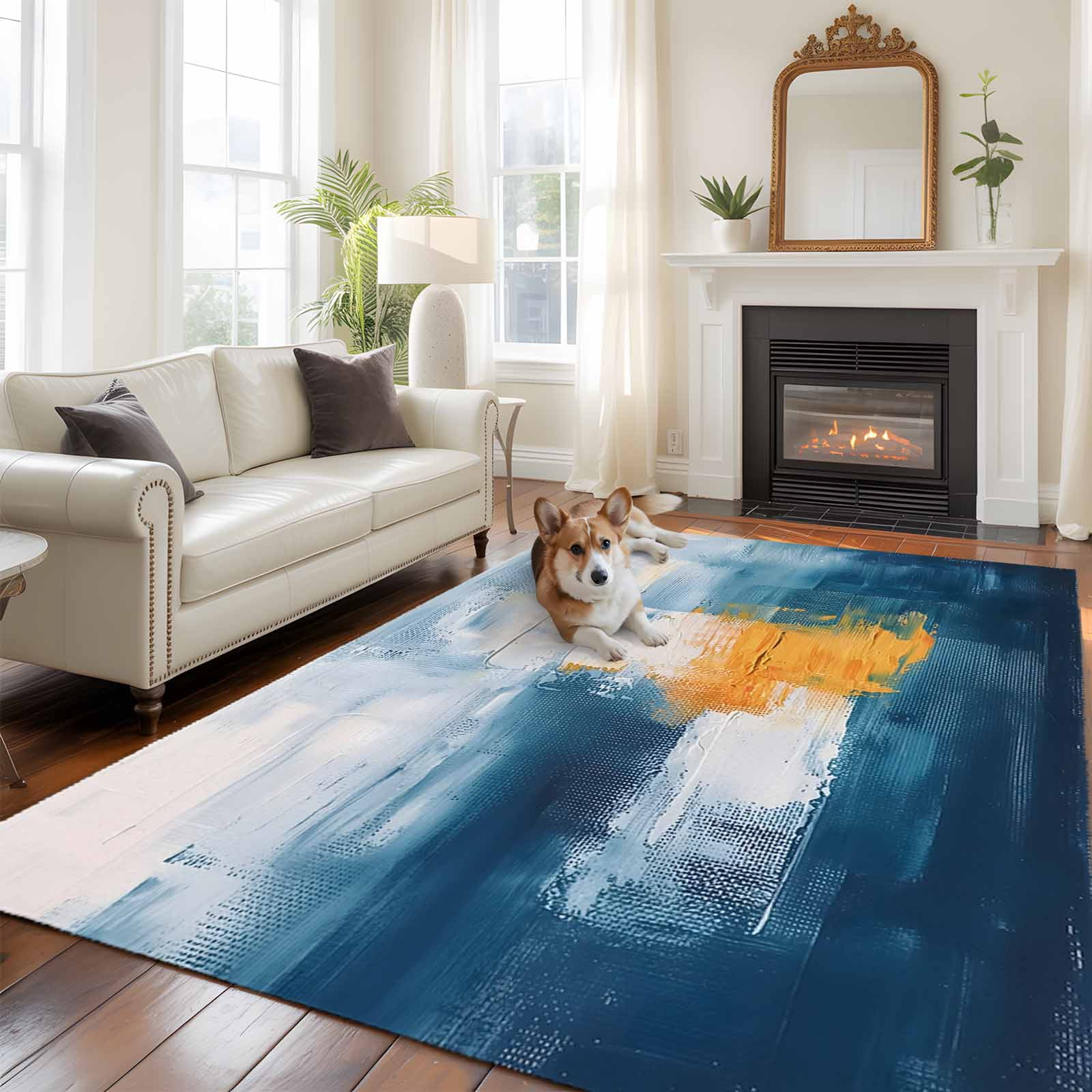 Blue Yellow Area Rugs 5x7 ft Abstract Oil Painting Washable Rug Non ...