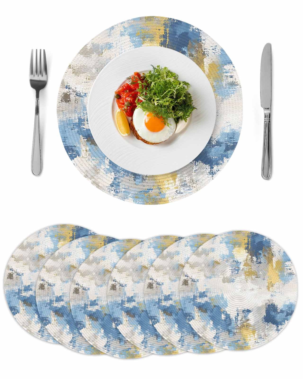 Blue Yellow Beige Round 13 Inch Placemats Set of 6, Retro Abstract ...