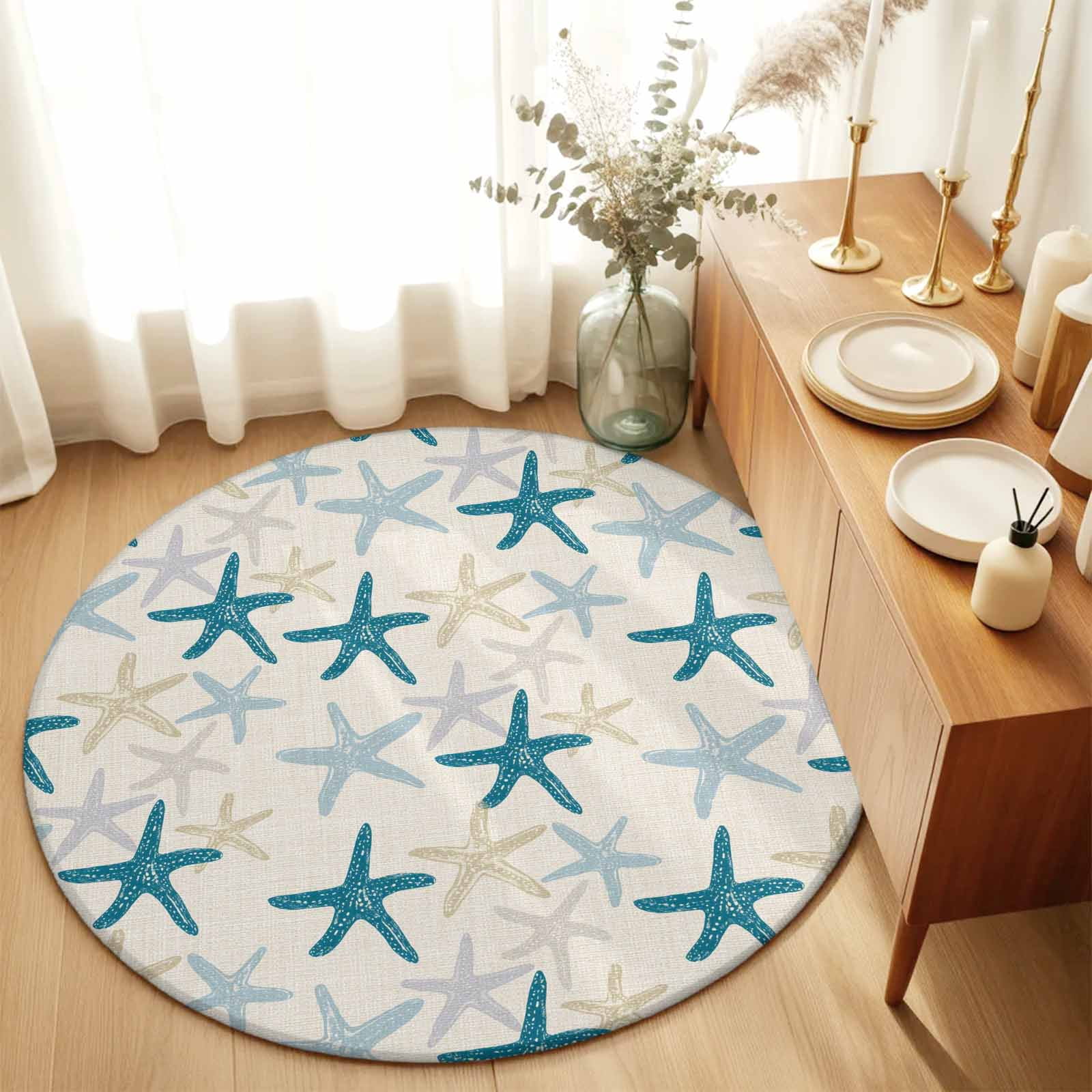 Blue Yellow Beige Sea Star on Linen Round Rug 3ft Summer Oceans ...