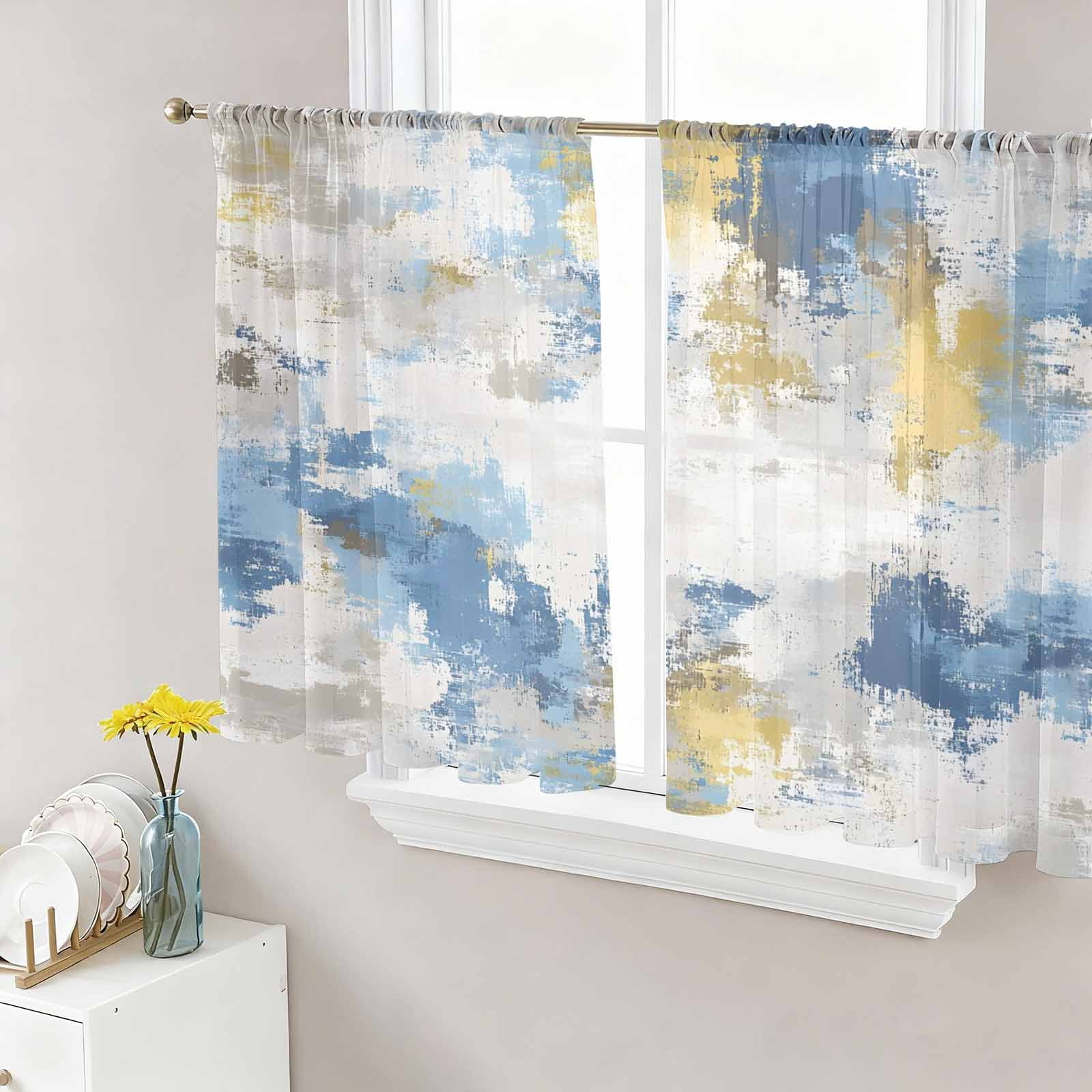 Blue Yellow Beige Semi Sheer Curtains 45 Inch Length 2 Panels Set ...