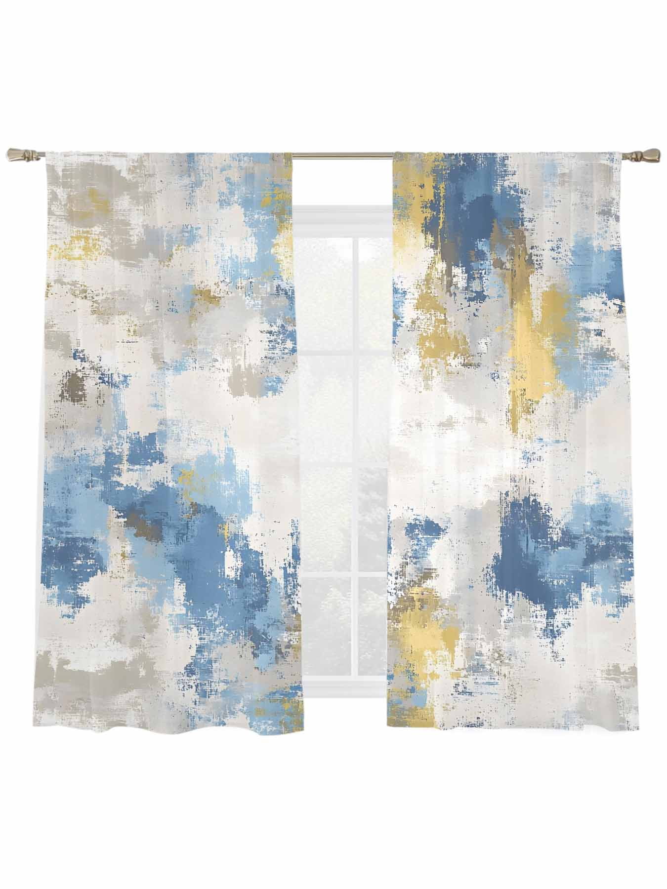 Blue Yellow Beige Sheer Curtains 63 Inch Length 2 Panels Set, Semi Transparent Voile Rod Pocket ...