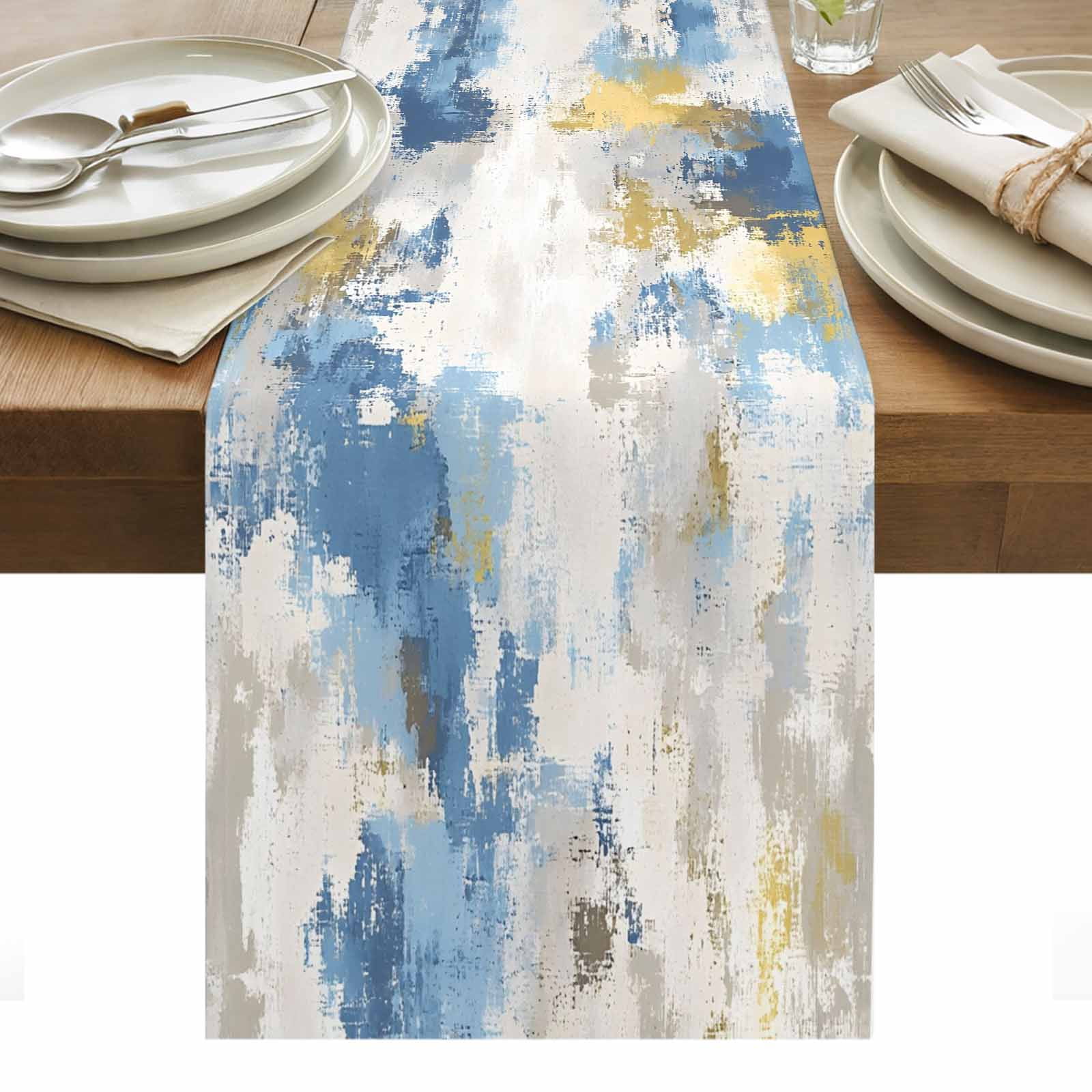 Blue Yellow Beige Table Runner - 108 Inch Long, Kitchen Dining Table ...