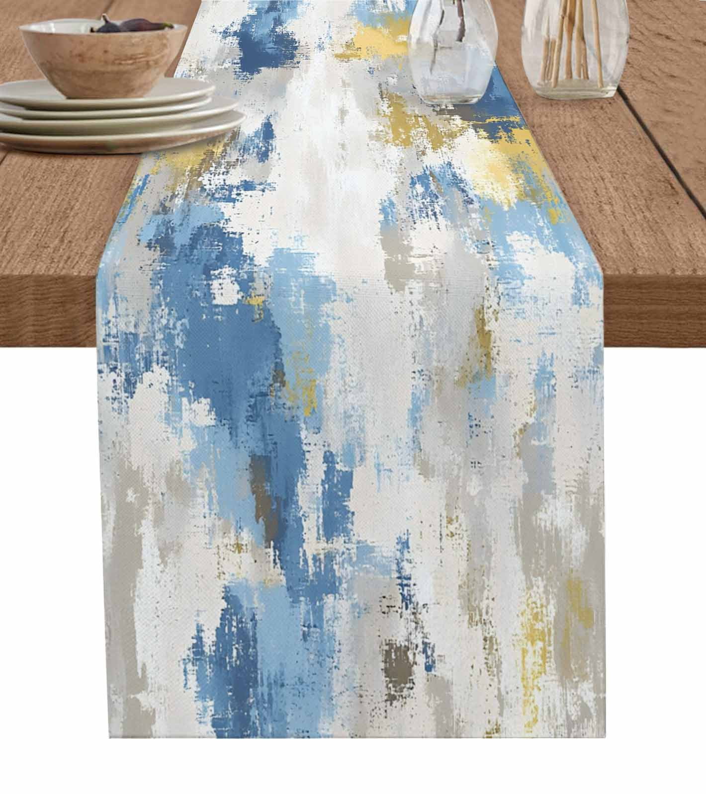 Blue Yellow Beige Table Runner 72 Inches, Retro Abstract Modern Art ...